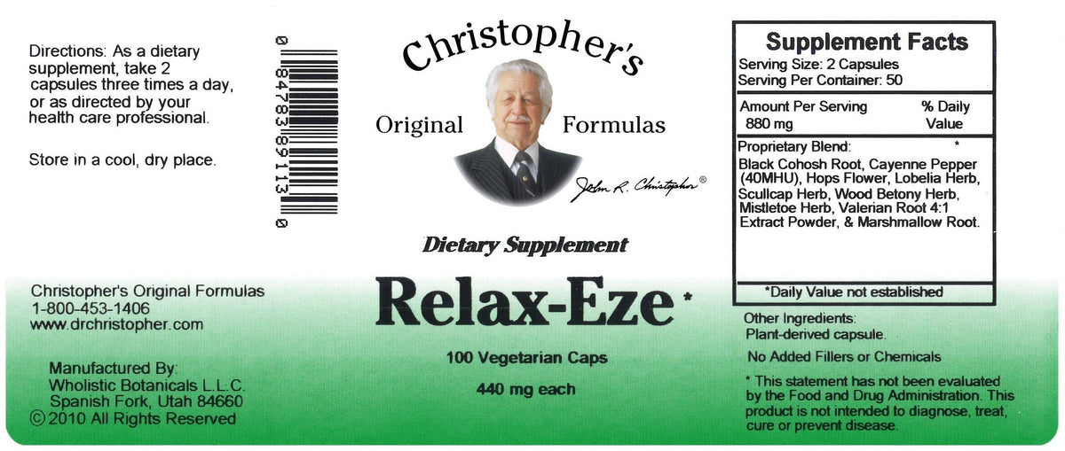 Relax-Eze Formula - 100 Capsules – Christopher's Herb Shop